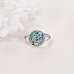 CUPENDA Lotus Flower Ring Sterling Silver Om Yoga Promise Rings Abalone Shell Inspirational Flower Jewelry Gift for Women Wife Size 9
