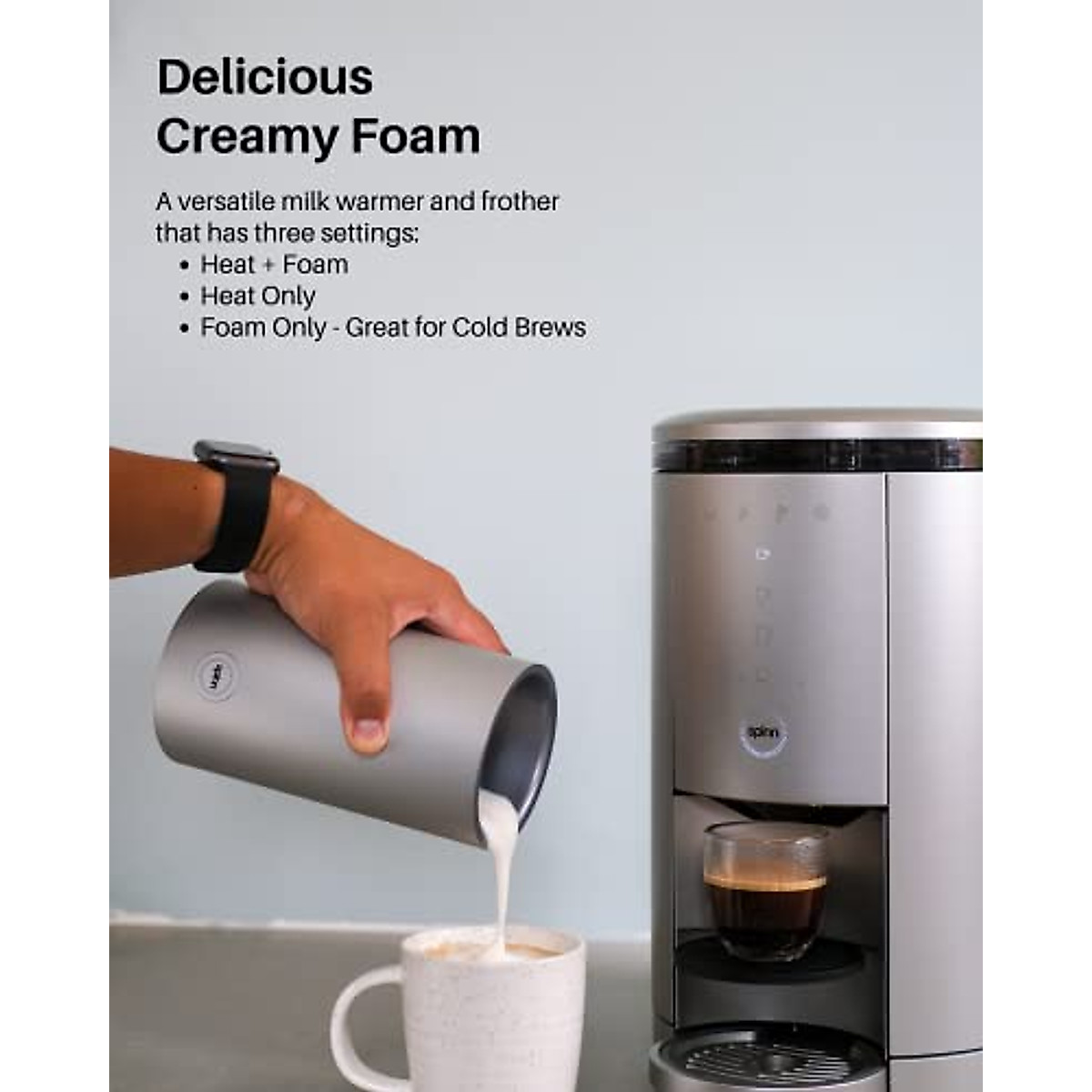 SPINN Coffee & Espresso Machine with Milk Frother, Smart WiFi Automatic Coffee, Cold Brew Machine, Automatic Coffee Foam Maker for Latte, Single Serve & Zero-Waste, Silver