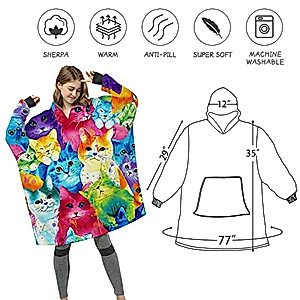 EZERILA Ink Color Cat Wearable Blanket Hoodie for Women Men Adults Teens Sherpa Fleece Oversized Hooded Sweatshirt Blanket with Pockets