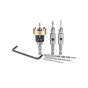 Amana Tool AMS-628 6-Pc Carbide Tipped Countersink with Adjustable Depth Stop and No-Thrust No Marring Ball Bearing Set with Quick Release Shank and Replacement HSS Drills