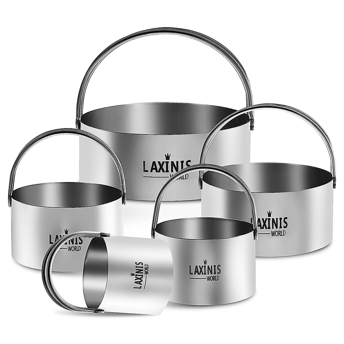 Laxinis World Biscuit Cutter Set, 5 Pieces Round Cookies Cutters with Handle, 18/8 Stainless Steel Graduated Circle Pastry and Dough Cutters