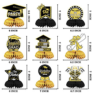 Vellibring 9PCS Graduation Table Decorations Black Gold Class of 2024 Honeycomb Centerpieces Toppers for Congrats Grad Party Favor Supplies