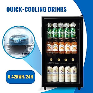 WANAI Beverage Refrigerator Cooler Mini Fridge Glass Door 125 Can Beer Fridge Drinks Wines Juice Soda Cooler 3 Adjustable Shelves Blue LED Lights Temp Control for Home Dorm Bar Office