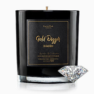Gold Digger Sparkle Sandlewood & Amber Surprise Candle with Diamond Inside | Foreverwick Candles | Scented Soy Candles Gifts for Women Aromatherapy Candle | All-Natural Organic Soy Candle 14oz | 70h
