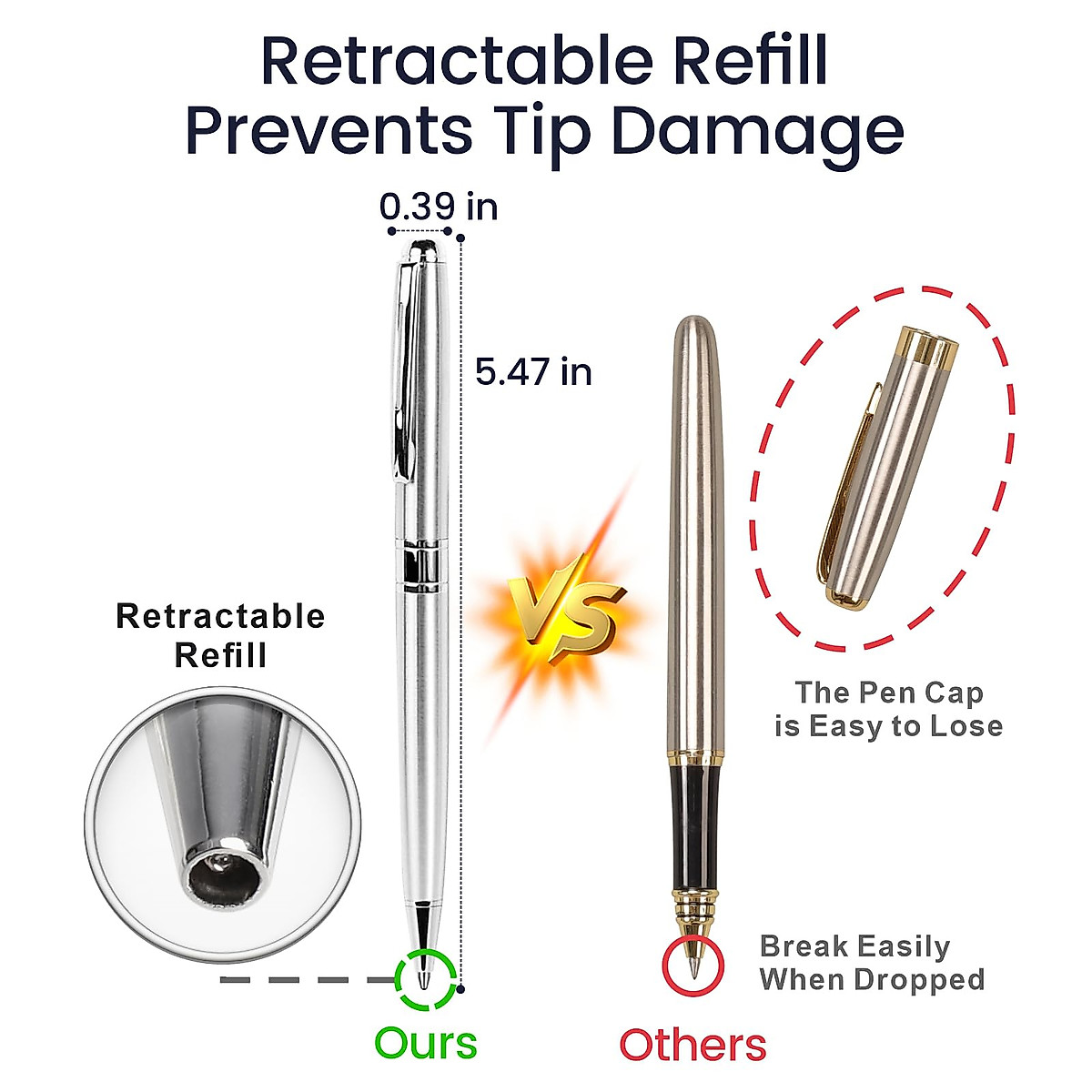 Cambond Silver Ballpoint Pens Black Ink, Stainless Steel Uniform Pens for Gift Business Men Police Flight Attendant, 1.0 mm Medium Point Nice Pens, 3 Pens with 3 Refills, Silver - CP0201