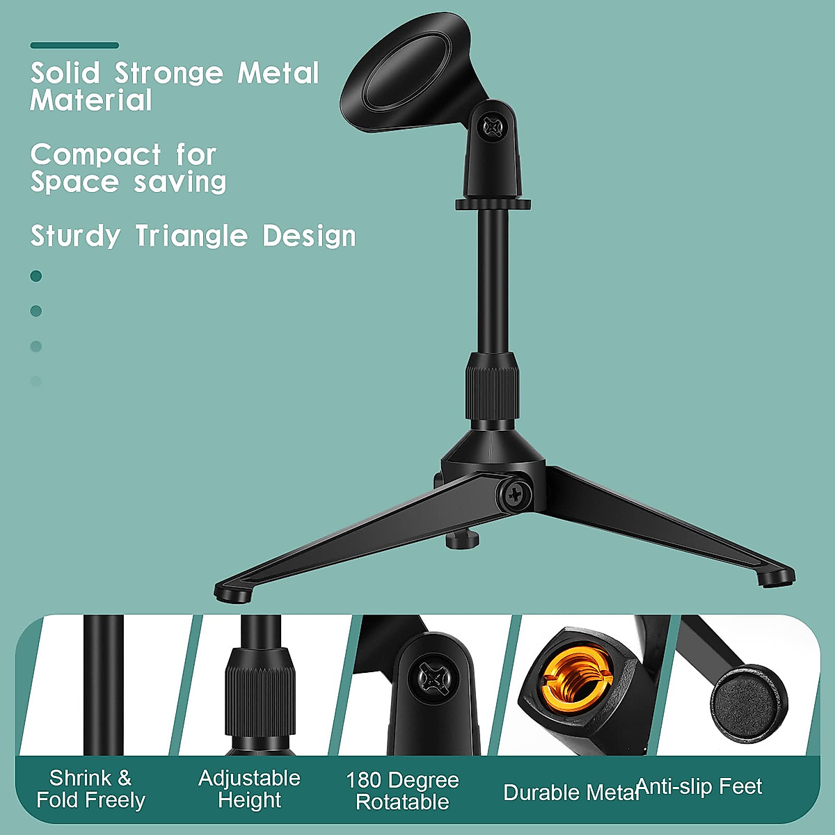 3 Pack Desktop Mic Stand Portable Foldable Tripod with Mic Clip Holder Adjustable Height Table Microphone Stand Desk 5/8 Inch Male to 3/8 Inch for Dynamic Recording Podcast