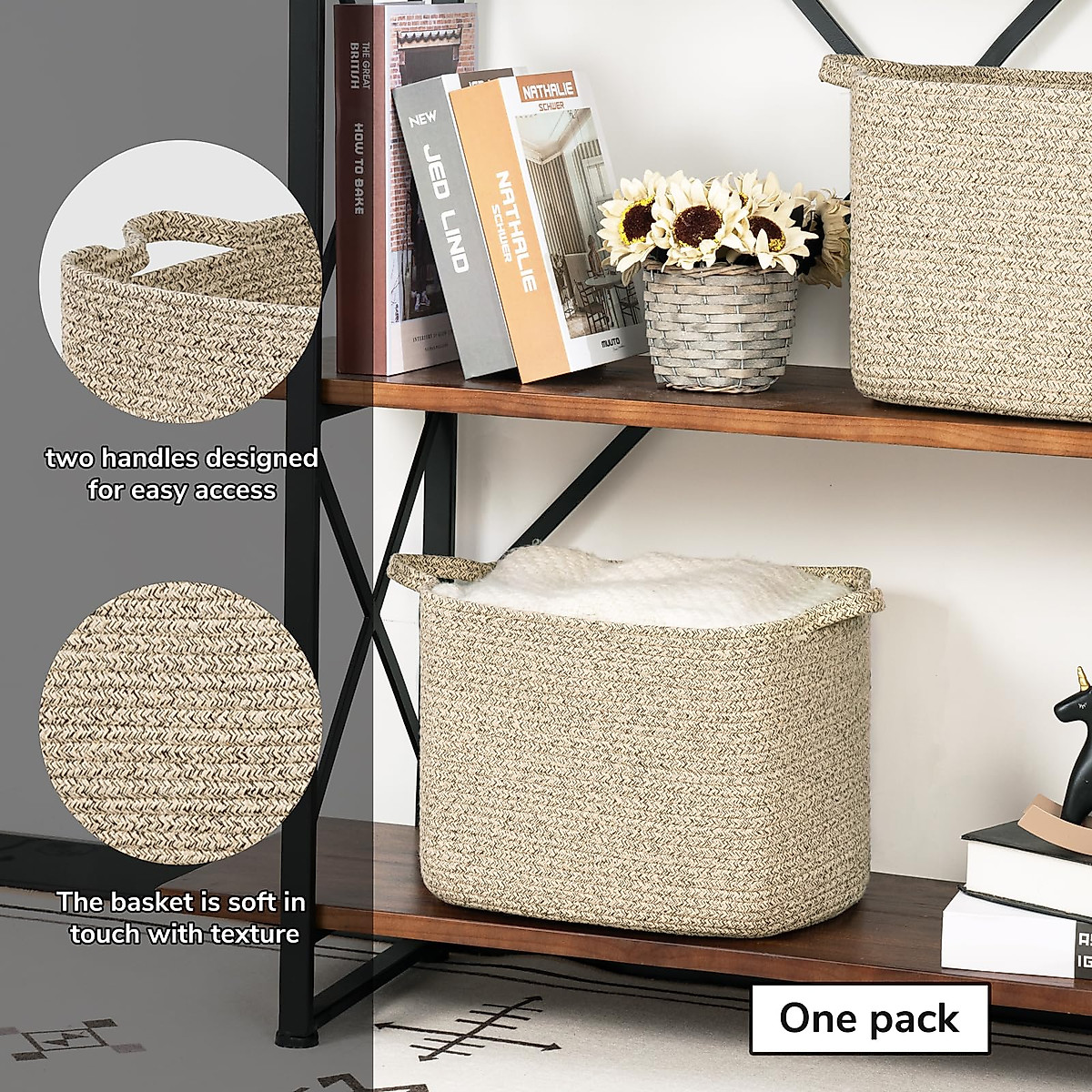 INDRESSME Woven Basket for Blankets, Shelf Basket for Towels, Books, Toy Basket for Baby, Rectangle Storage Basket for Nursery, Brown, 13 x 9.8 x 8.9 inches