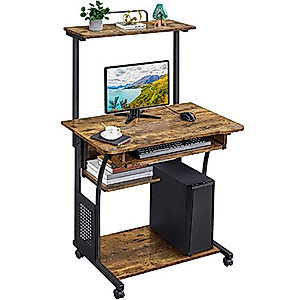 Yaheetech 3 Tiers Rolling Computer Desk with Keyboard Tray and Printer Shelf for Home Office, Mobile Computer Desk for Small Space, Retro Computer Table Compact PC Laptop Workstation, Rustic Brown