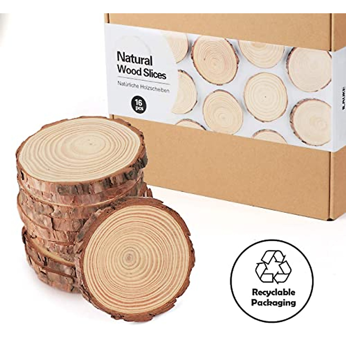 Wood Slices 16Pcs 3.5''-4'' Unfinished Wood Rounds Natural Thicken Slab with Bark for Coasters Centerpieces Wedding Rustic Craft Wooden Christmas Ornaments