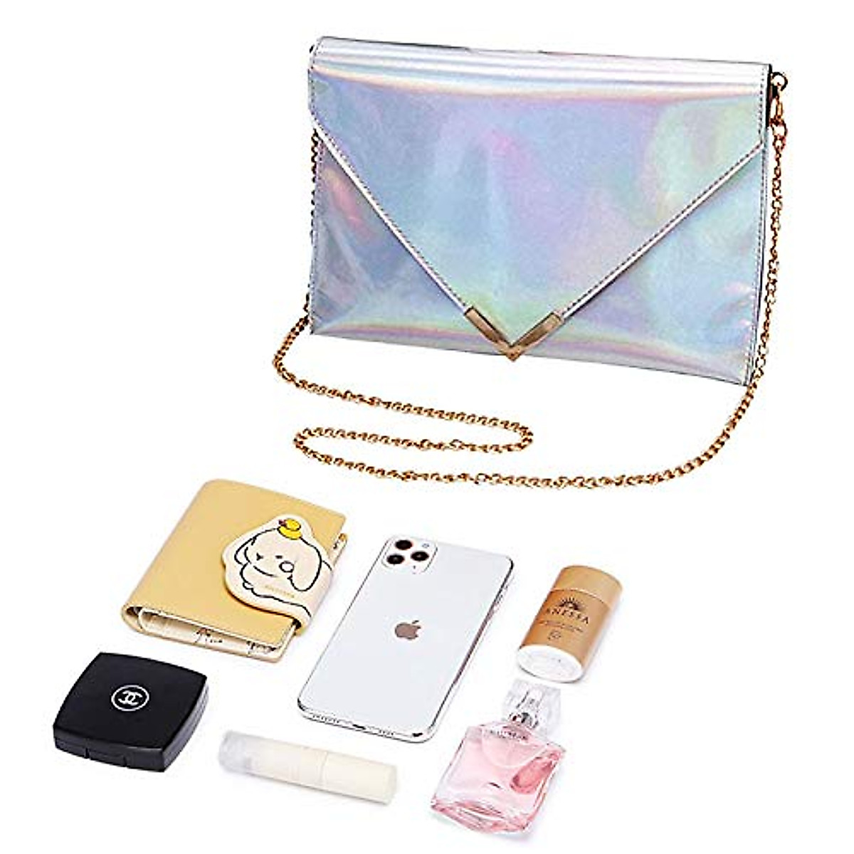 Monique Women Colorful Holographic Evening Clutch Envelope Handbag Small Chain Cross-body Bag Shoulder Bag 167 Silver