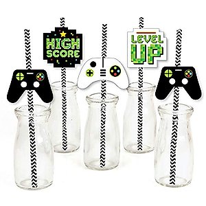 Game Zone - Paper Straw Decor - Pixel Video Game Party or Birthday Party Striped Decorative Straws - Set of 24