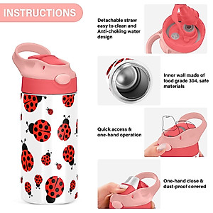 Kigai Ladybug Kids Water Bottle,Insulated Stainless Steel Reusable Metal Thermos Bottles, Leak-Proof Straw Lid, BPA-Free, For Boys,Girls