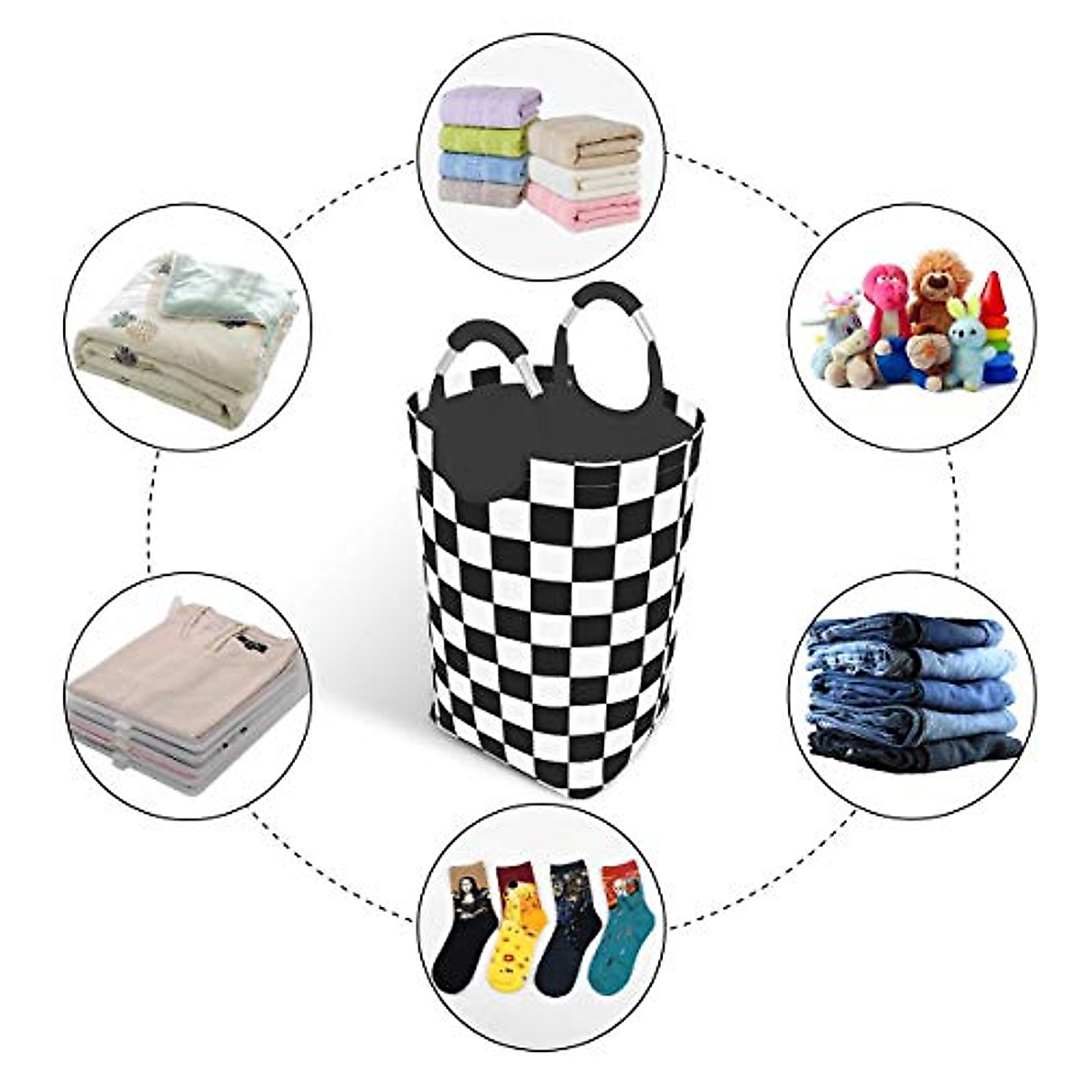 feilicase Collapsible Black White Checkered Checker Storage Bin Hamper Laundry Basket, Foldable Dirty Clothes Bag with Handles Home Bedroom Office Toys Books Organizer