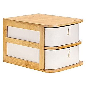 Navaris Makeup Storage Drawers - Bamboo Organizer and Cream Colored Fabric Trays - 2-Tier Drawer Unit for Bathroom, Vanity Table - 9" x 6.9" x 5.9"