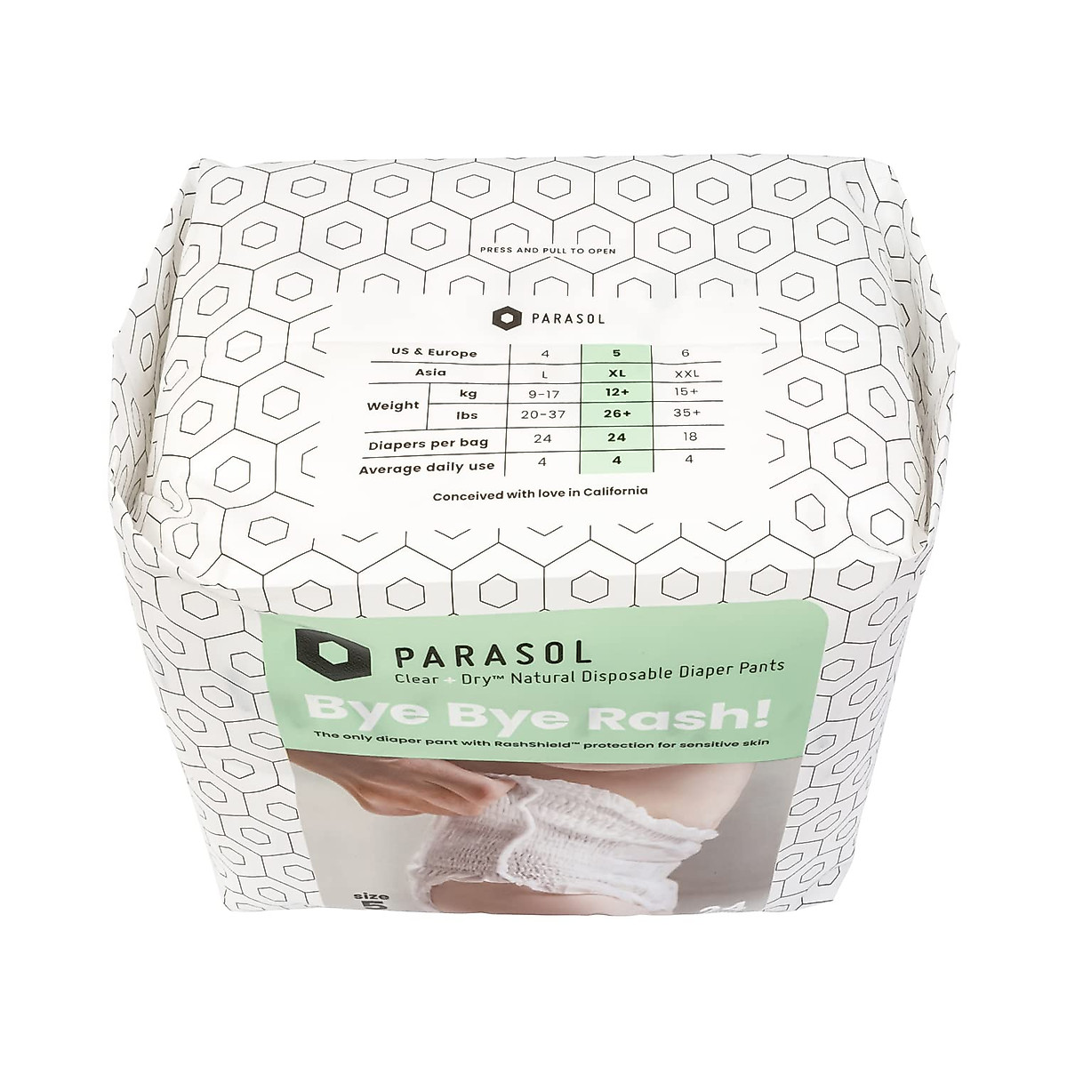 Parasol Clear+Dry™ Diaper Pants | Natural Training Diaper | Pure Ingredients, Water Based Ink, Non-Woven Fabric with Dermatest Excellent Seal | Rash Protection Diaper Set, Size 5 (26+ lbs.) 24 Count