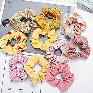 10pcs Cute Plaid Hair Ties Printed Hair Scrunchies Ponytail Holder Colorful Hair Elastics Bands Hair Accessories for Women Girls (Yellow)