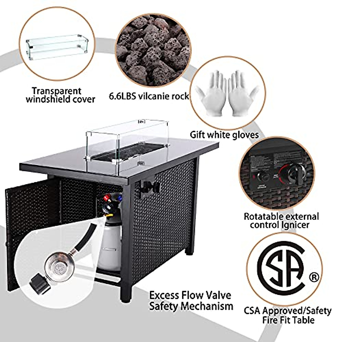 CUREALLSO Propane Gas Fire Pit Table, 43 Inch 50,000 BTU Rattan Look Auto-Ignition Outdoor Fire Tables, with Glass Wind Guard ,Waterproof Cover,CSA Approved for Garden Patio Backyard Deck Poolside