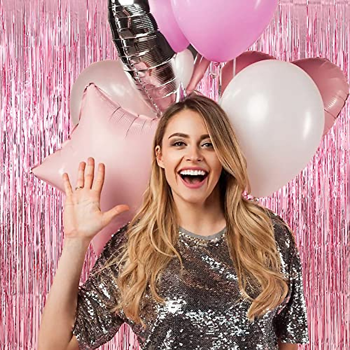 Pink Fringe Backdrop Curtain for Party Decorations - 6.5 x 6.5ft, Pack of 2 | LILF Pink Tinsel Backdrop for Pink Streamers Party Decor | Pink Foil Curtain for Birthday Party Photobooth Props