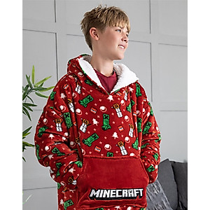 Minecraft Christmas Xmas Vuddie Oversized Blanket Hoodie Kids Boys Girls Red Fleece