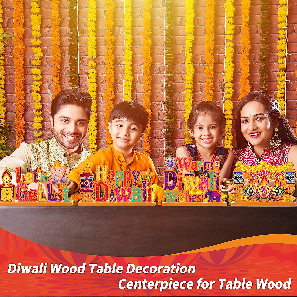 4PCS Diwali Decoration Wood Table Centerpiece for home Happy Diwali Let's Get Lit Warm Wishes Light Candle Henna Pattern Wooden Decor Happy Diwali Party Favors for Diwali Home Desktop Decorations