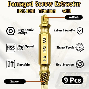 9 Pcs Damaged Screw Extractor Kit, Miuudby HSS 4341 Material Damaged & Stripped Screw Extractor Set For Easy Out And Speed Out Remover Common Size of Broken Tool And Titanium Extractor Drill Bit, Gold