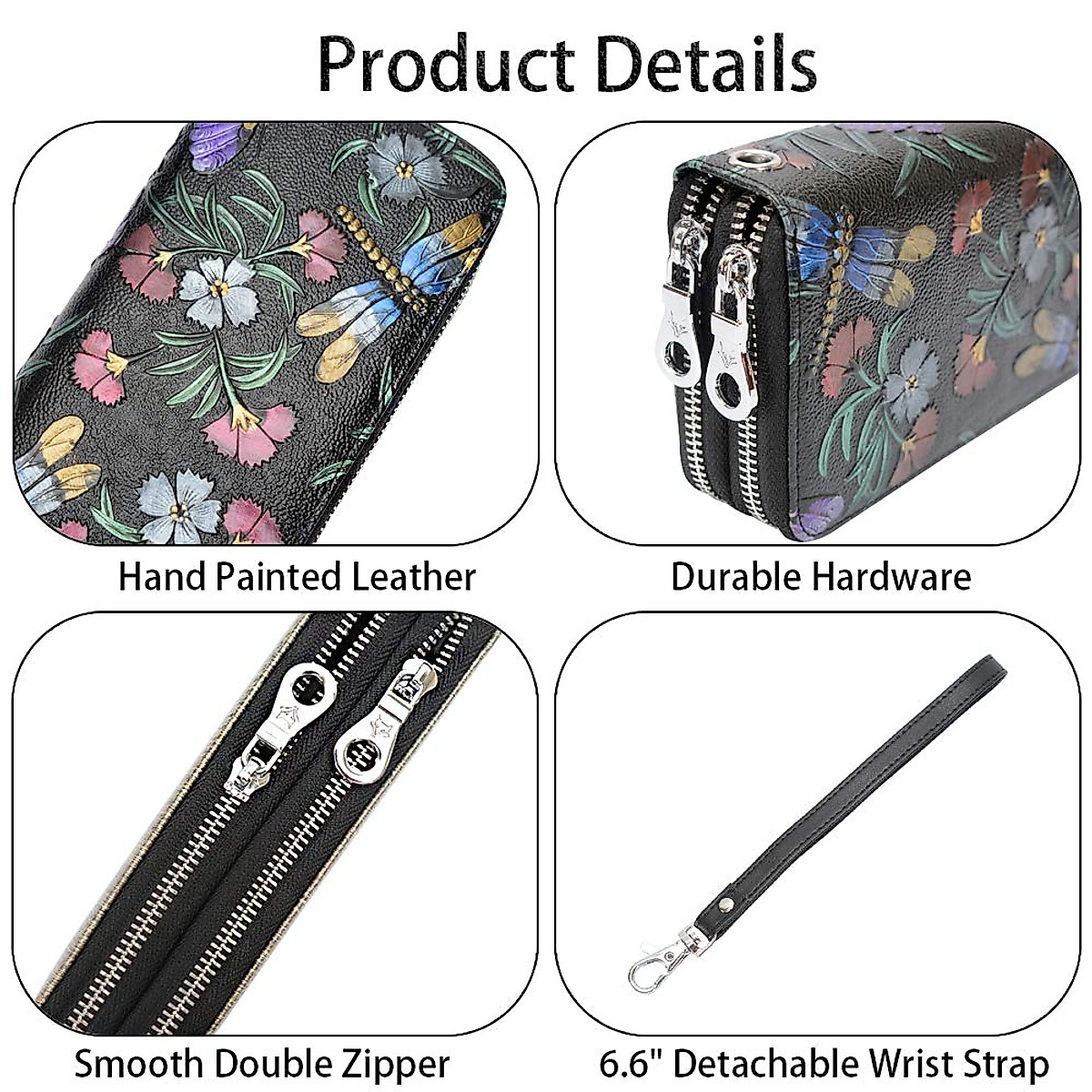 GENTFOX Women's Wallet RFID Blocking Leather Double Zipper Cellphone Wallet Long Purse with Removable Wrist Strap