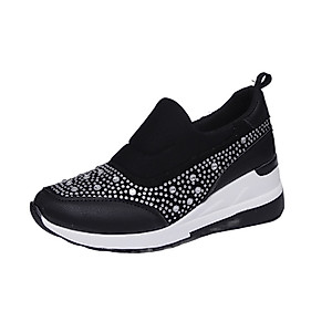 Women's Casual Shoes Fashion Rhinestones Platform Wedge Slip-on Sneakers Classic Comfort Low Top Walking Booties Black
