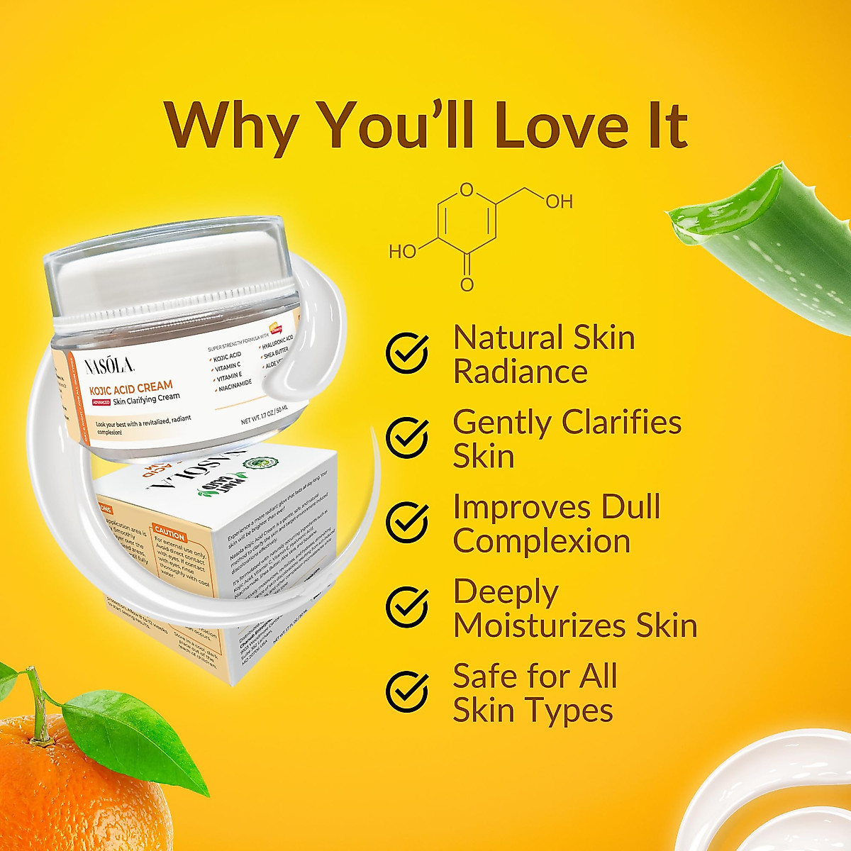 Nasola Kojic Acid Cream for Skin Clarifying, Complexion Revitalization, Radiance Boosting, Face & Body, Women & Men, Underarm & Armpit