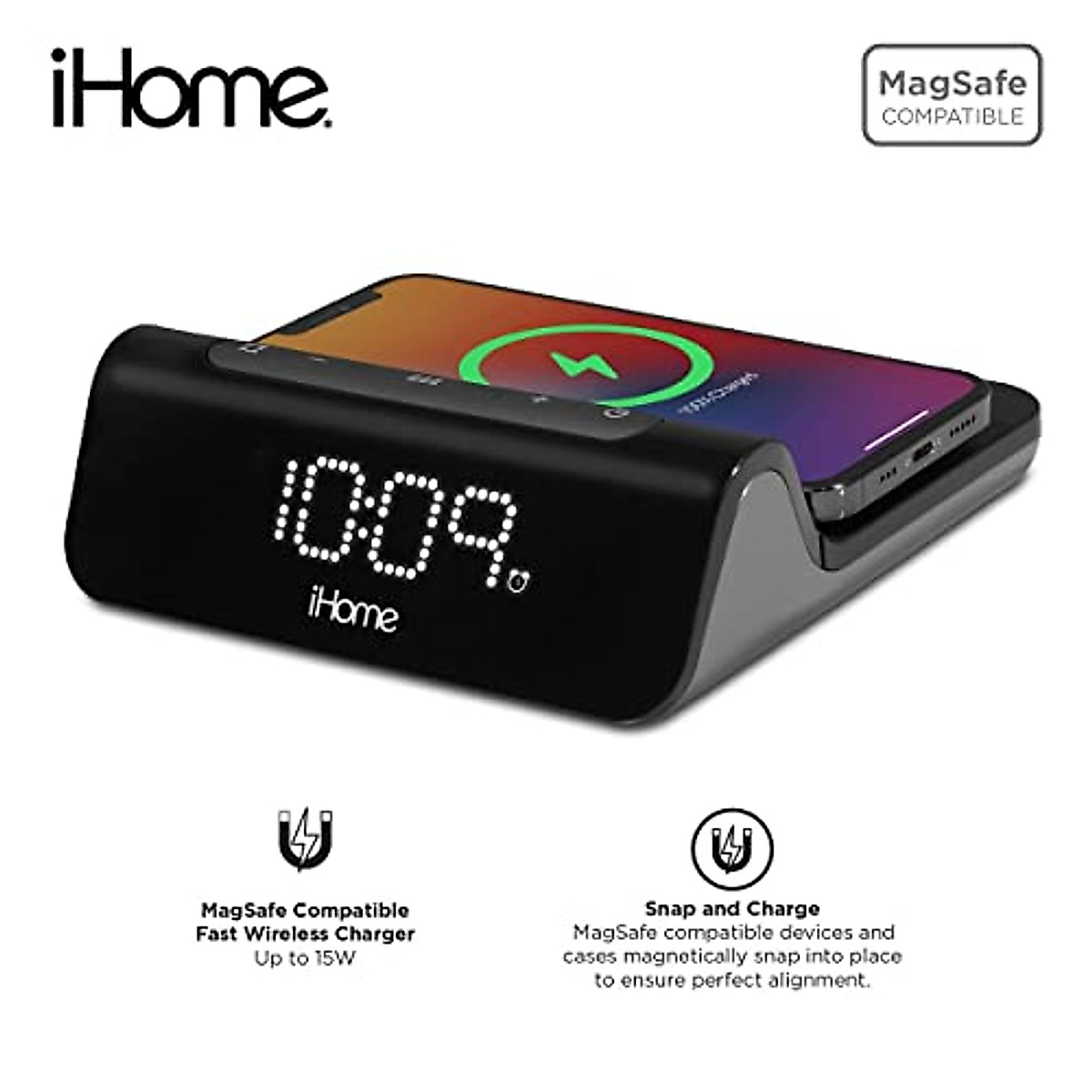 iHome 3-in-1 Magnetic Fast Wireless Charging Clock for Magsafe Enabled Devices, USB-C and USB-A Charging, 25W Total Power Output, Fast Wireless Charing Clock (iW23)