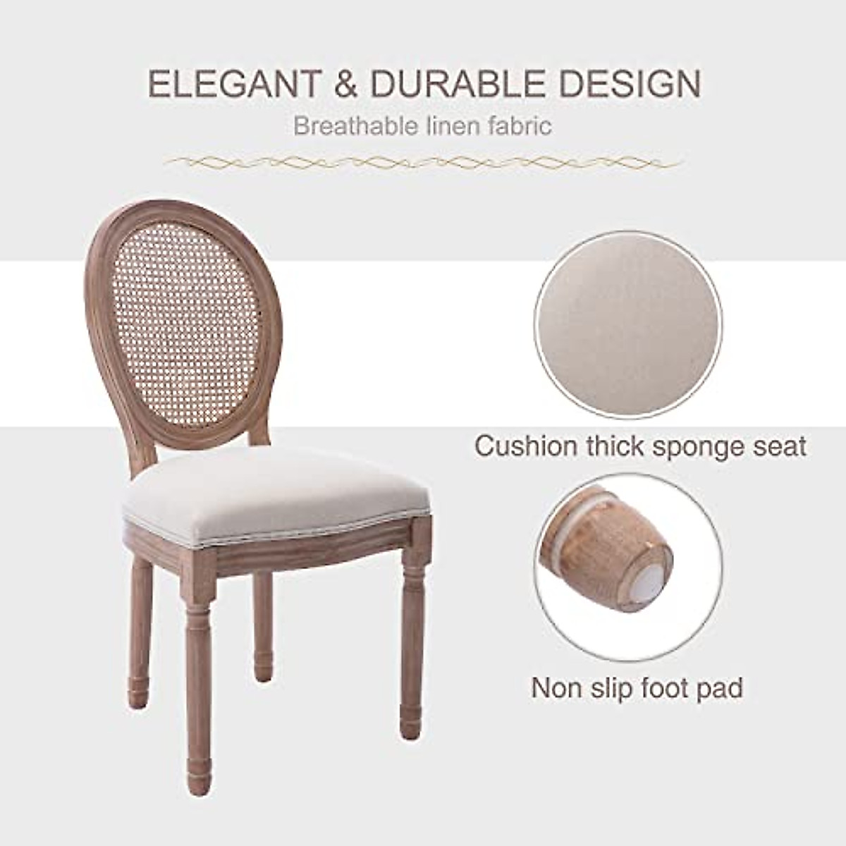 Virabit French Dining Chairs Set of 2, Rattan Farmhouse Upholstered Dining Chairs with Curved Backrest and Beautifully Carved Solid WoodFrame for Living Room, Kitchen, Restaurant