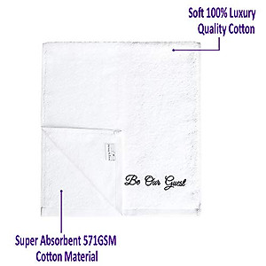 'Be Our Guest' Embroidered White Hand Towels for Bathroom with Gift Box - Set of 2 - Extra Absorbent 100% Cotton Hand Towel Set - 571GSM - 14 x 30 inches - Gifts for Bathroom - Be Our Guest Decor