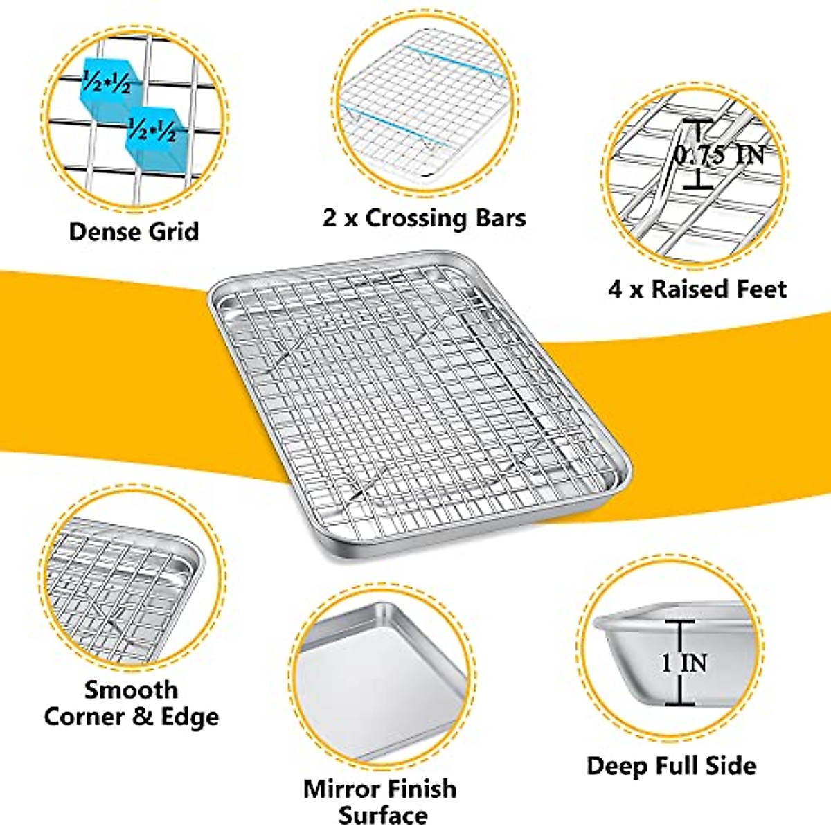 10.4 Inch Toaster Oven Pan with Rack Set, P&P CHEF Stainless Steel Small Baking Pan Tray and Grid Cooling Rack for Cooking/Roasting, A Pan and A Rack, Dishwasher Safe & Easy to Clean & Non-toxic