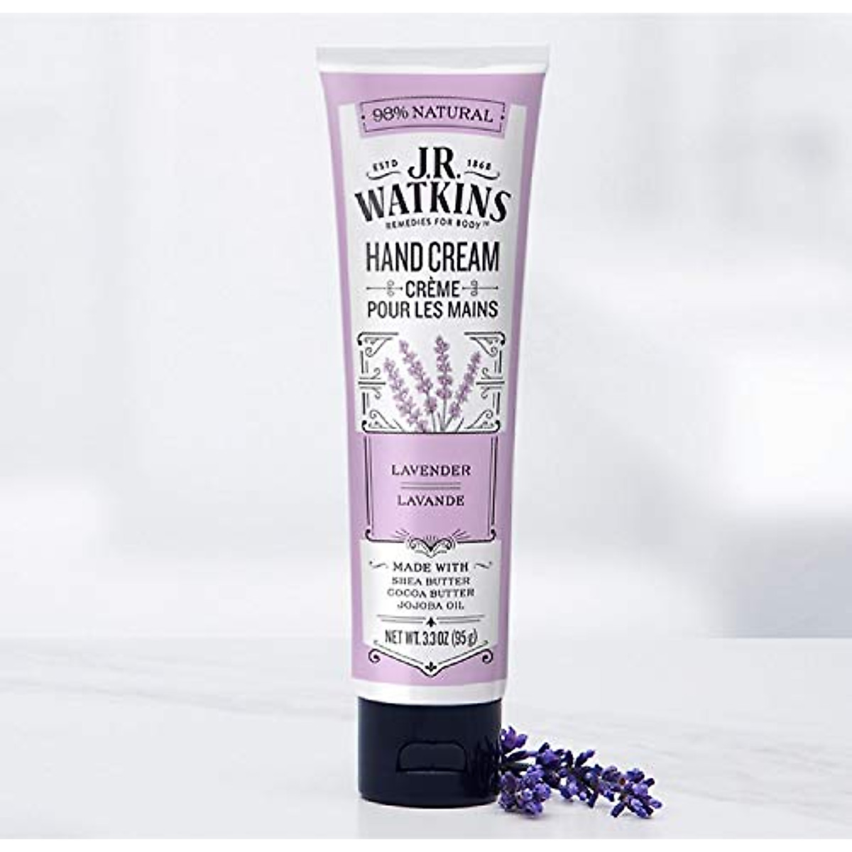 J.R. Watkins Natural Moisturizing Hand Cream, Hydrating Hand Moisturizer with Shea Butter, Cocoa Butter, and Avocado Oil, USA Made and Cruelty Free, 3.3oz, Lavender, Single