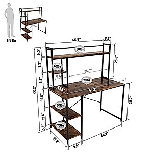 Nost & Host Computer Desk with Hutch & Bookshelf, Home Office Working Table with Hutch & 2 Tier Adjustable Shelves, Sturdy Wooden Desk for Study Gaming, Easy Assemble, 47.2 inches, Rustic Brown