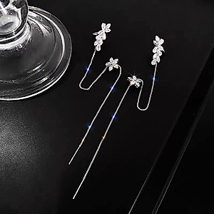 MaraLota Ear Cuffs 925 Silver Dangle Earrings for Women chain threader hanging earrings long tassel drop earrings for women Girls(FLOWER）