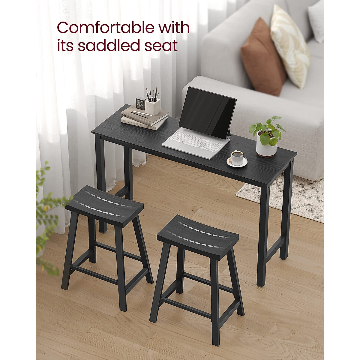 VASAGLE Bar Stools, Set of 2 Bar Chairs, Kitchen Breakfast Bar Stools with Footrest, 23.6 Inches High, Industrial in Living Room, Party Room, Black ULBC074B56