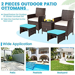 RELAX4LIFE 2-Piece Wicker Outdoor Ottoman - Set of Two Wicker Ottomans Footstool Footrest for Patio with Soft Cushions, Outdoor Pouf for Garden, Poolside and Backyard (Turquoise)