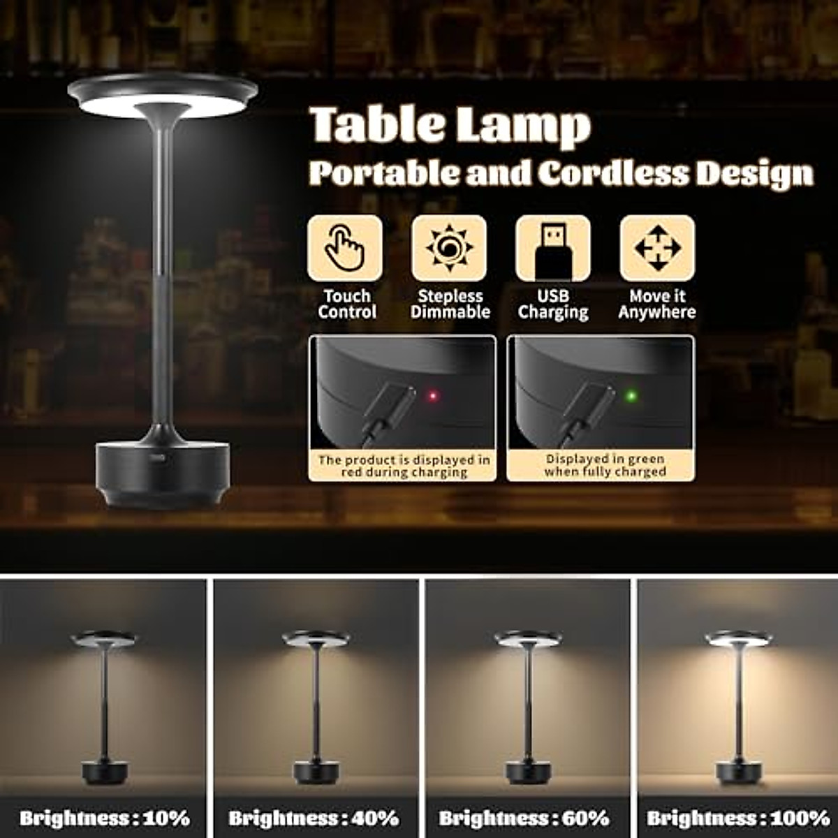 HAPYGI Rechargeable Cordless LED Table Lamps Touch Sensor Light, 3-Levels Portable Dimming Wireless Battery Operated Lamp，Nightstand Lamp/Night Light/Restaurant Table/Outdoor/Coffee/Bar (Black)…
