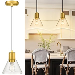 LMS 1-Light Gold Glass Pendant Light, Modern Kitchen Pendant Hanging Light with Clear Glass Shade in Gold Finish, LMS-103