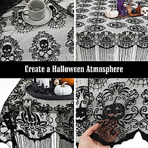 OWENIE Halloween Tablecloth, Skull Lace Fabric Tablecloths with Tassel, Black Pumpkin Table Cloths Table Cover for Rectangle Tables for Parties Gothic Halloween Home Decorations, 52x52 Inch