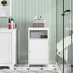 Yaheetech Single Door Floor Cabinet, Bathroom Free Standing Storage Organizer with Adjustable Shelf, Narrow Side Cabinet for Living Room, White