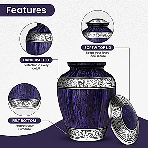 Cremation Urns for Human Ashes Large Size Adult Funeral Urns with Secured Lid for Men Women Male Female Handcrafted 9 Inch Size Purple Blue Finish 210lbs with Velvet Bag