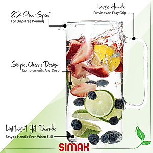 Simax Glass Pitcher, 32 Ounce (1 Quart) Borosilicate Glass, Hot and Cold Safe Iced Tea Pitchers for Drinks, Glass Water Pitcher, Cocktail Jug, Lemonade Pitcher, Sangria Pitchers, Juice Pitchers