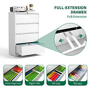 BIZOEIRON 4 Drawer Lateral File Cabinet with Lock, Metal Filing Cabinets for Home Office, Steel Storage Wide File Cabinet for Letter/Legal/F4/A4 Size with Hanging Bars, Assembly Required (White)