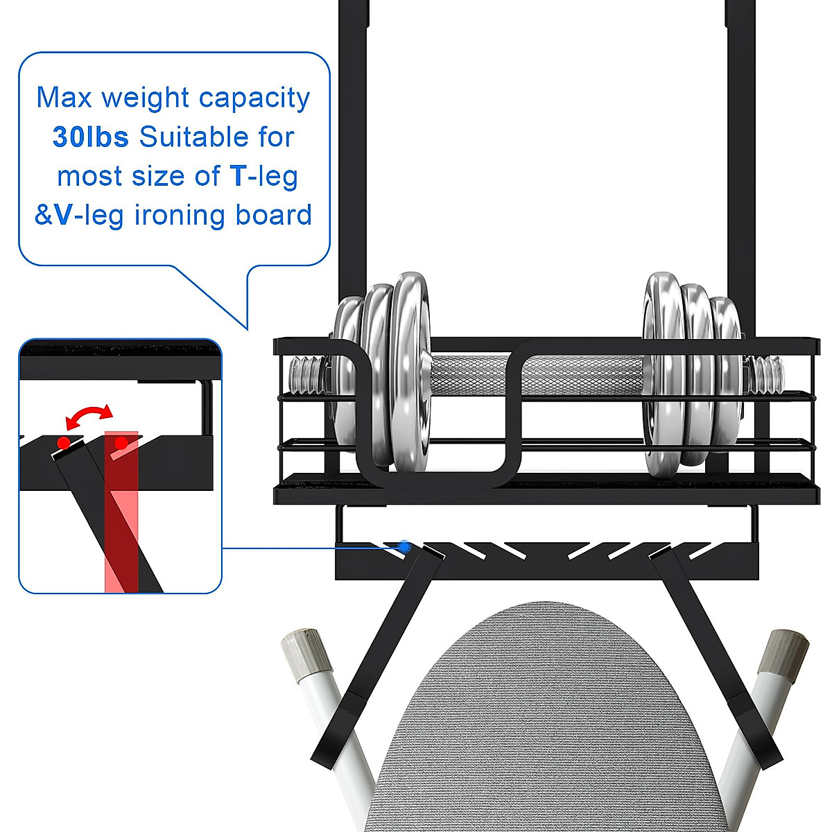 TJ.MOREE Over The Door/Wall Mount Ironing Board Hanger, Laundry Room Iron and Ironing Board Caddy Storage for Water Mister, Fabric Sprays, Laundry Detergent