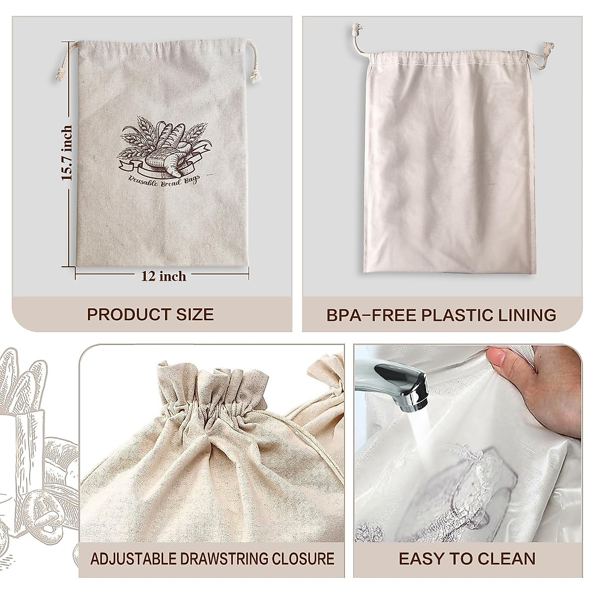 2 Pack of Reusable Bread Bags, Natural Linen Bread Bag for Homemade Bread, Reusable Bread Bags with Liner, Drawstring Linen Bread Bag for Sourdough Storage, Bread Storage (15.7" x12")