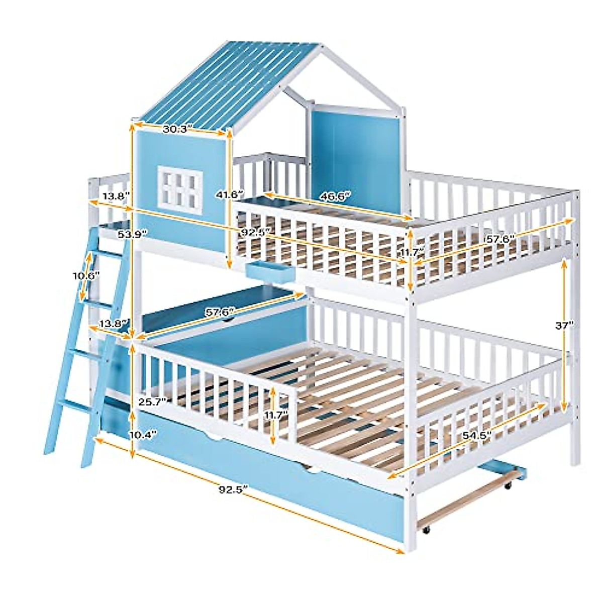 Lepfun Bunk Bed,Full Over Full Size Bunk Bed with Twin Size Trundle Bed, Farmhouse Bed with Storage Box and A Big Drawer for Kidroom,Bedroom and Dorm,Noise Free,No Box Spring Needed,Blue