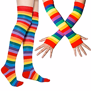 Chalier Womens Rainbow Socks Striped Knee High Socks Arm Warmer Fingerless Gloves Set (Red)