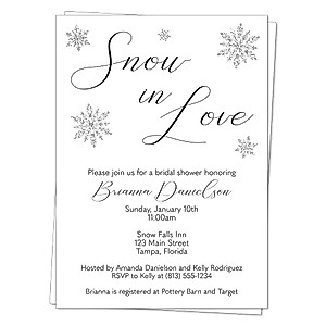 Winter Bridal Shower Invitation White Silver Snow in Love Snowflakes Wedding Couples Shower January February Printed Cards Customized Personalized Cards (12 Count)