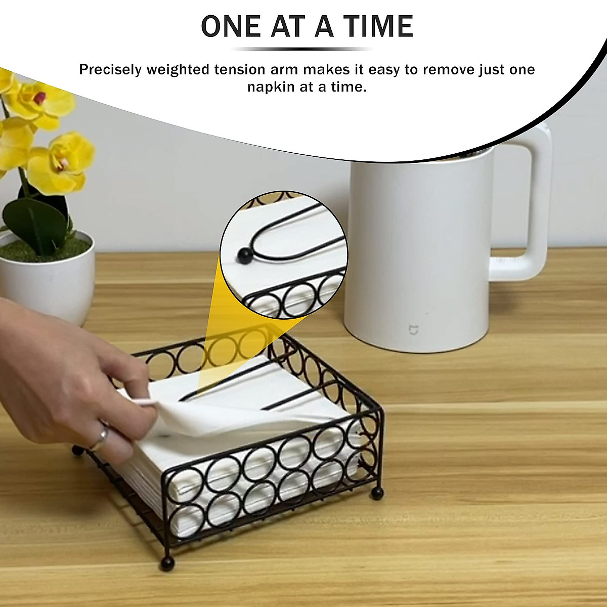 The Amador Store Flat Napkin Holder for Kitchen & Dining Table, Modern Lattice Napkin Basket Holder with Weighted Arm-Elegant Square Metal Paper Napkin Dispenser for Countertops & Outdoor (Black)